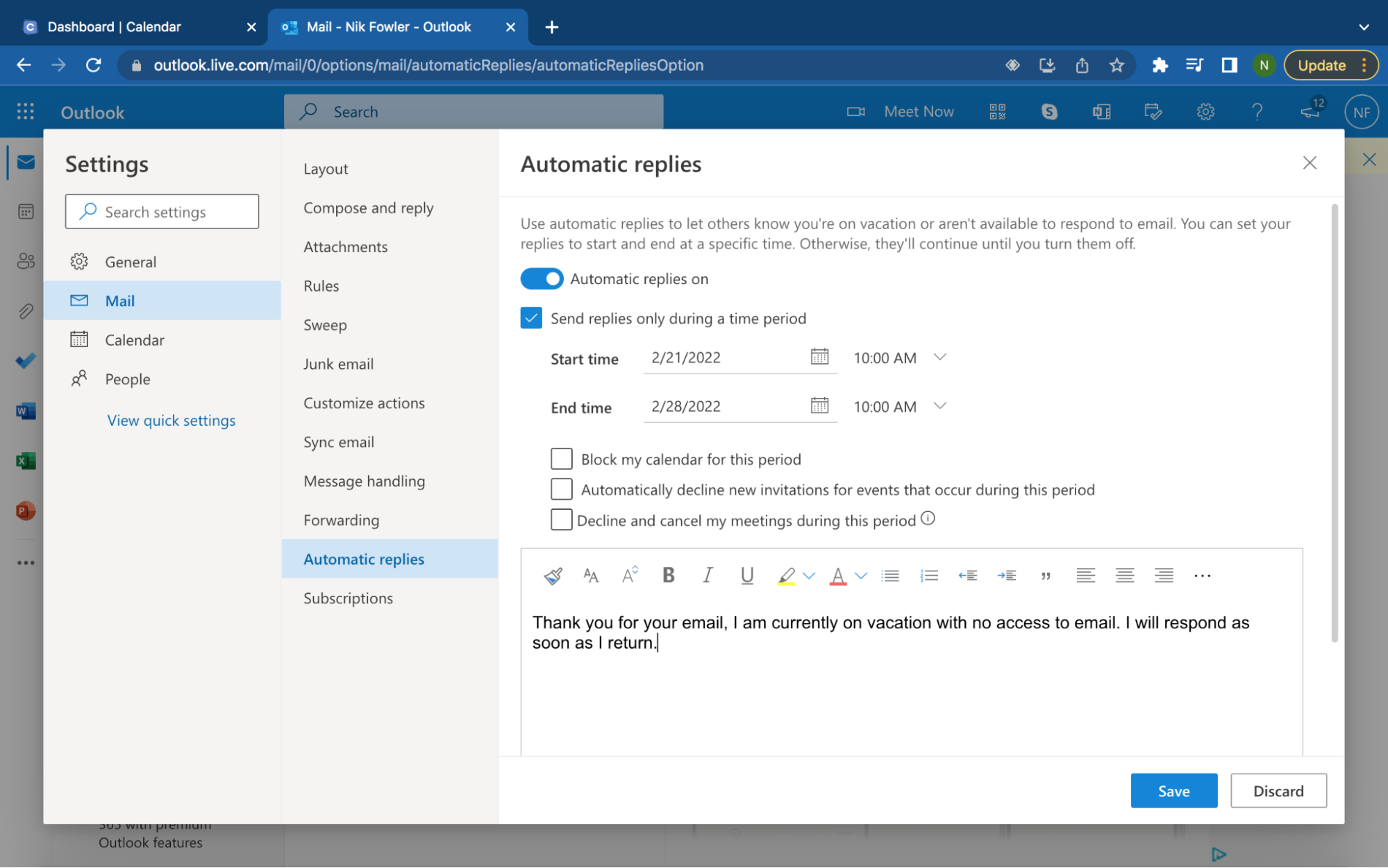 Creating Out-of-Office Automatic Replies On Microsoft Outlook